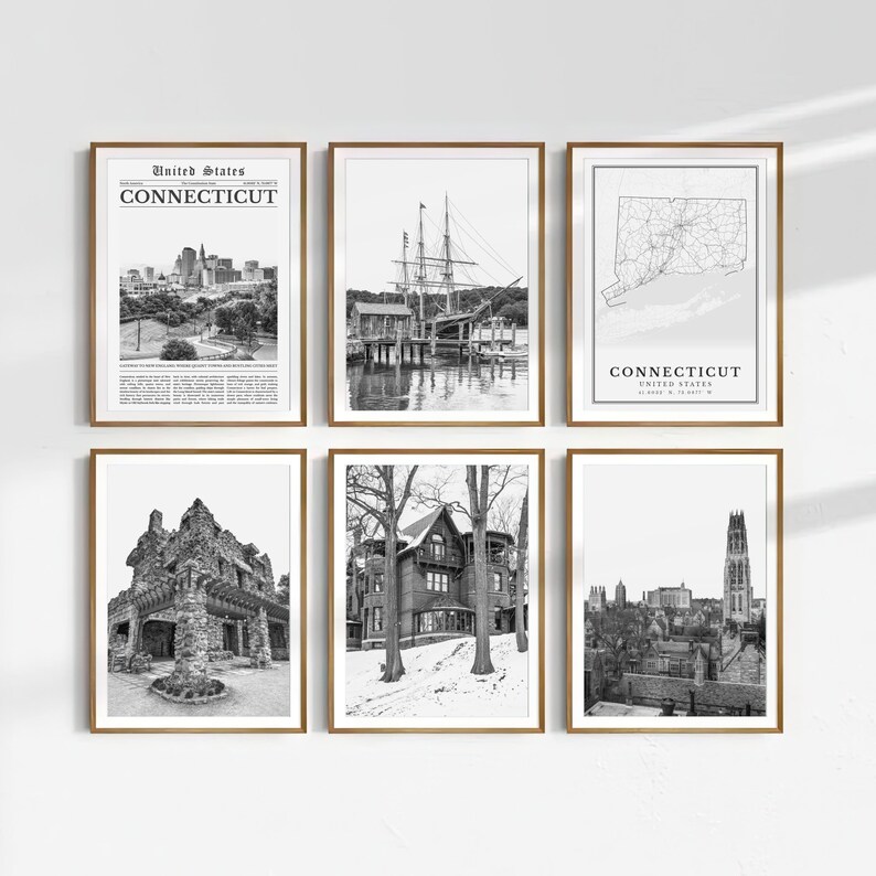 Connecticut Prints Set of 6, Black and White Connecticut Map Decor ...