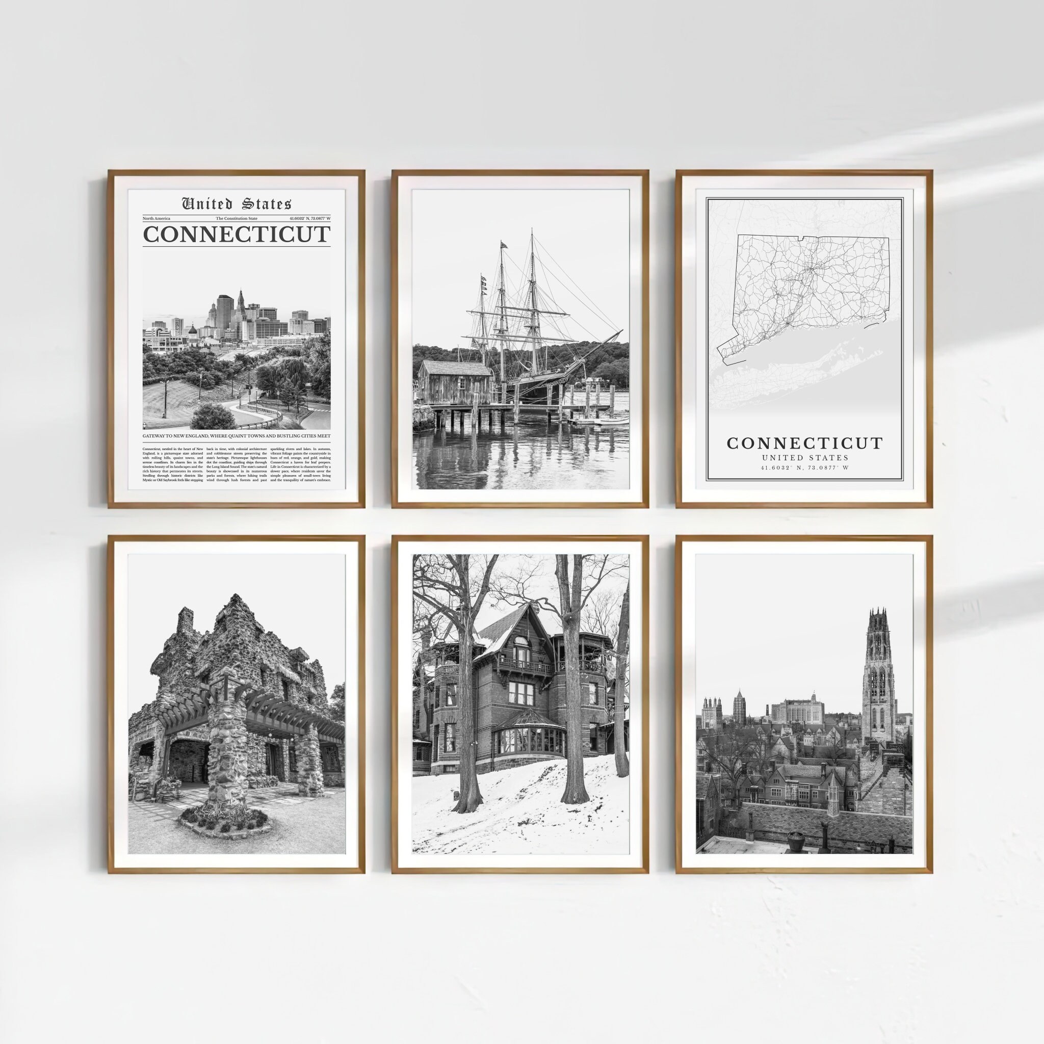 Connecticut Prints Set of 6, Black and White Connecticut Map Decor ...