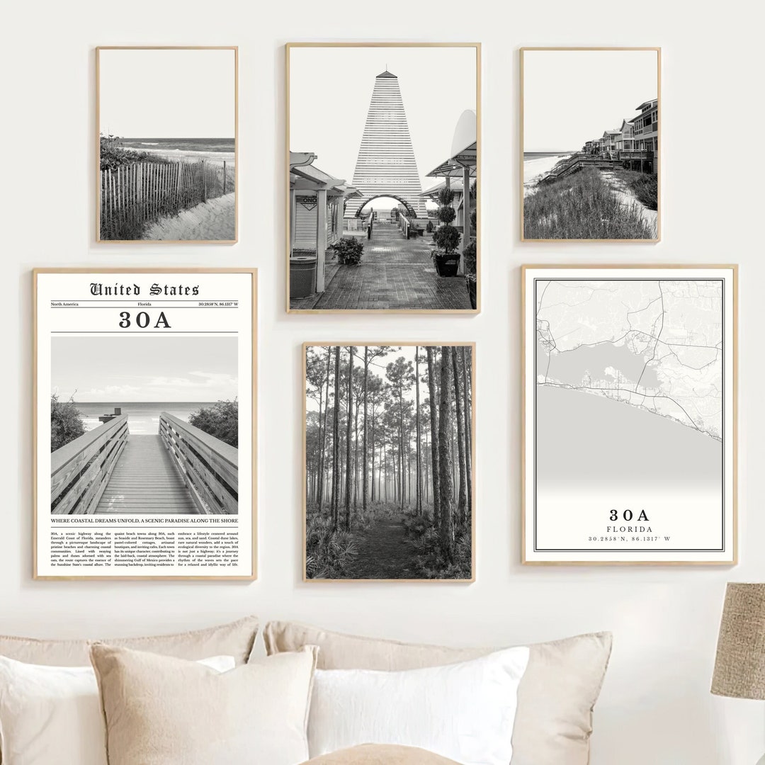 30A Florida Print Set of 6, Black and White 30A Wall Art Photo, 30A ...