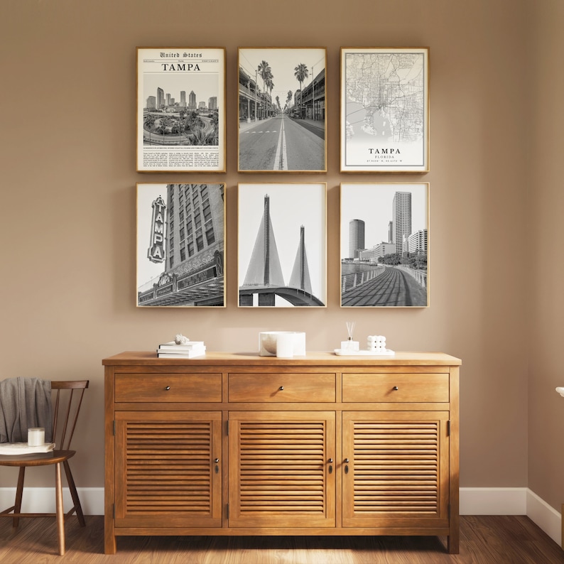 Tampa FL Prints Set of 6, Black and White Tampa Map Decor, Tampa ...