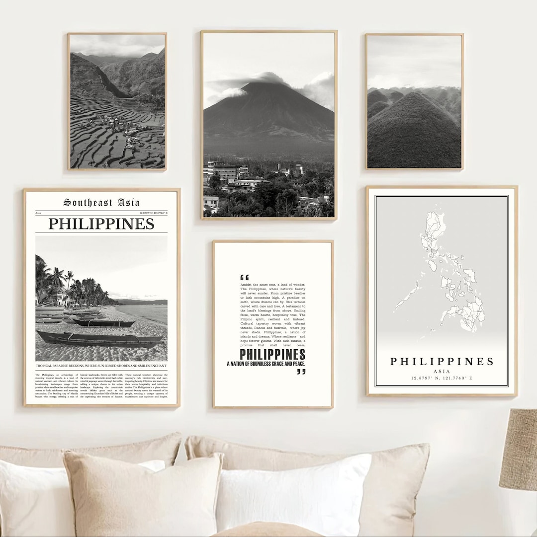 Digital Philippines Print Set of 6 Black and White, Philippines Map ...