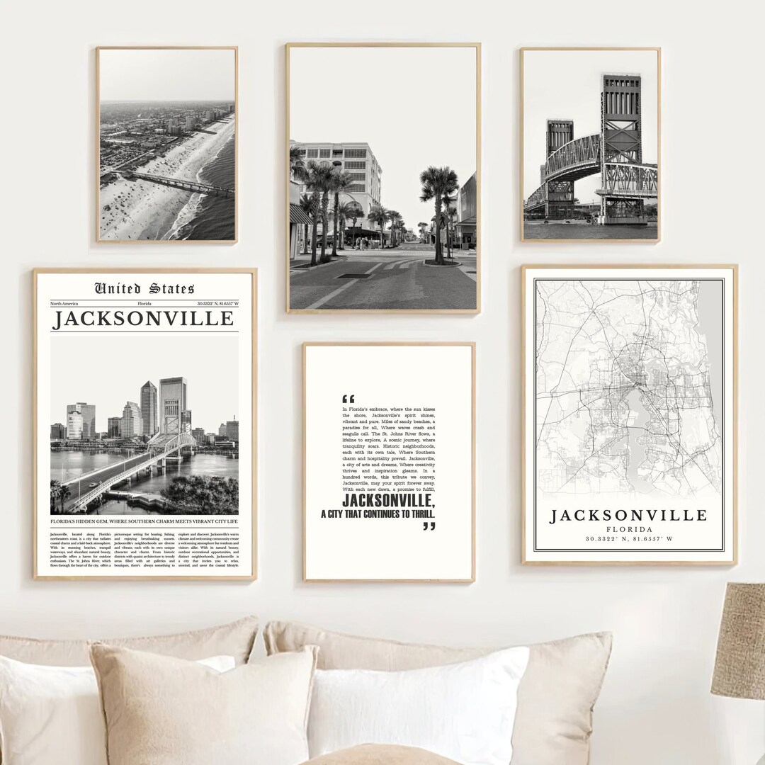 Digital Jacksonville Print Set of 6 Black and White, Jacksonville Wall ...