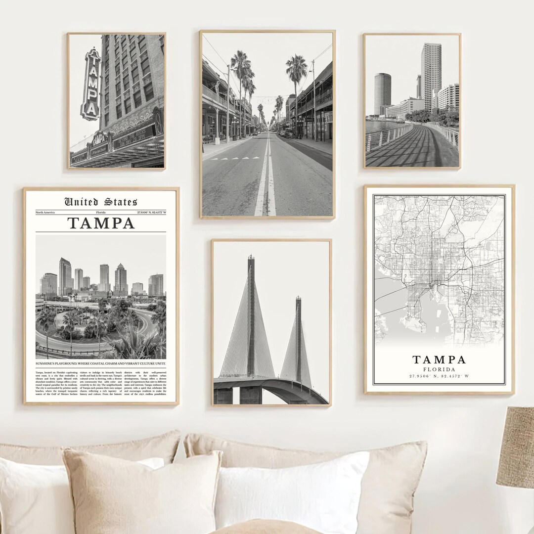 Tampa FL Prints Set of 6, Black and White Tampa Map Decor, Tampa ...