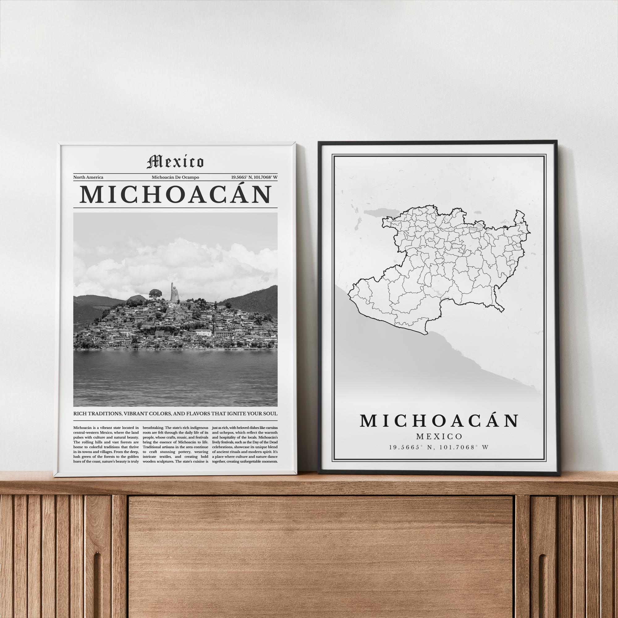 Michoacan Print Set of 6, Black and White Michoacan Decor Map ...
