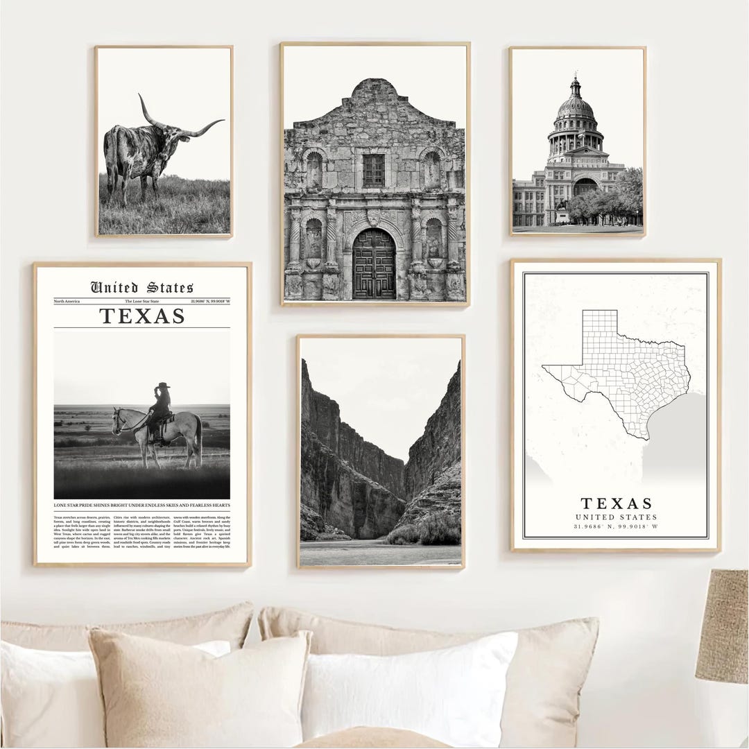 Texas Print Set of 6, Black and White Map, Texas Longhorn Poster, Alamo ...
