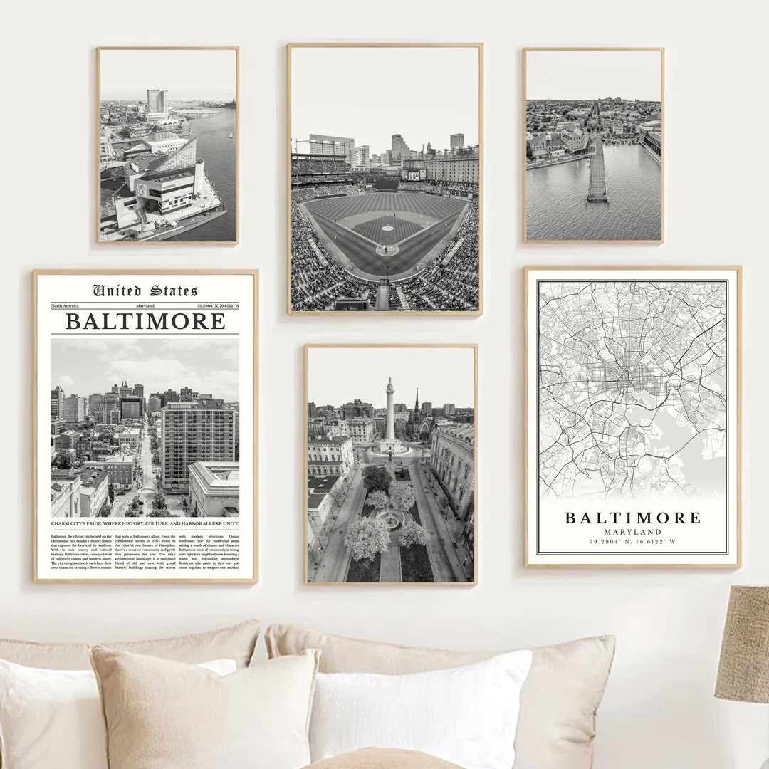 Baltimore Black and White Print Set of 6, Baltimore Map, Baltimore ...
