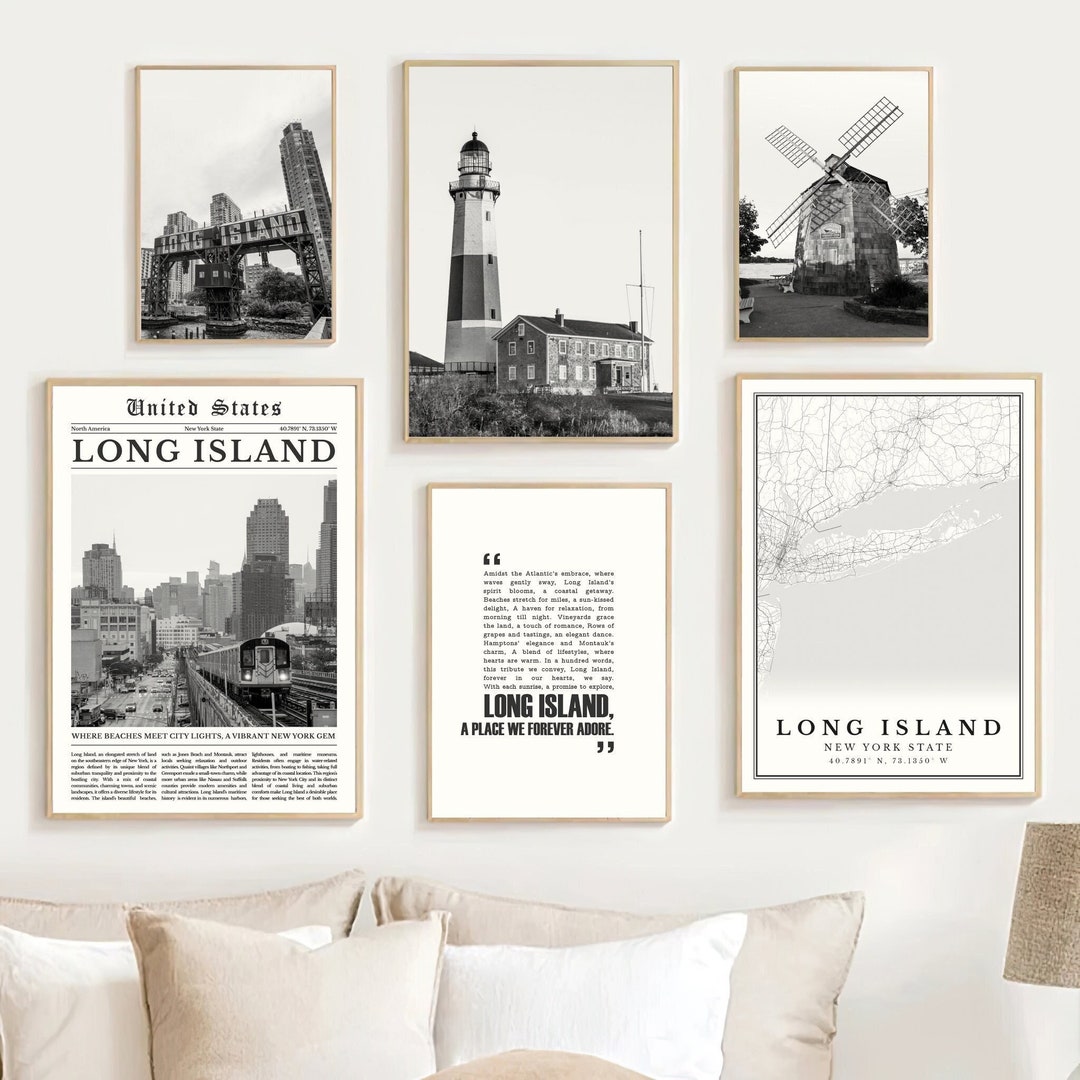 Digital Long Island Print Set of 6, Black and White Long Island Map ...