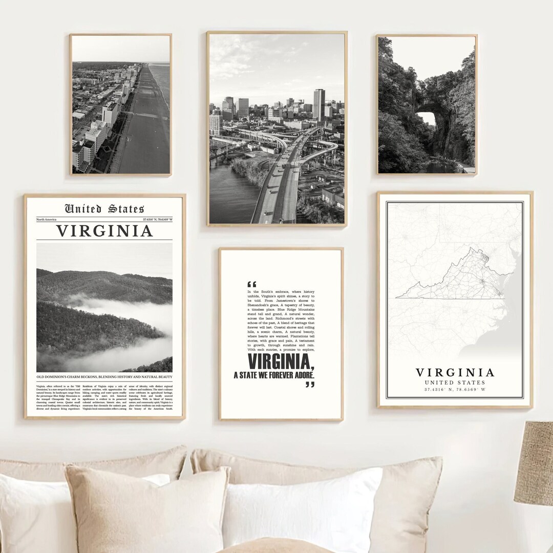Digital Virginia State Black and White Print Set of 6, Virginia Map ...