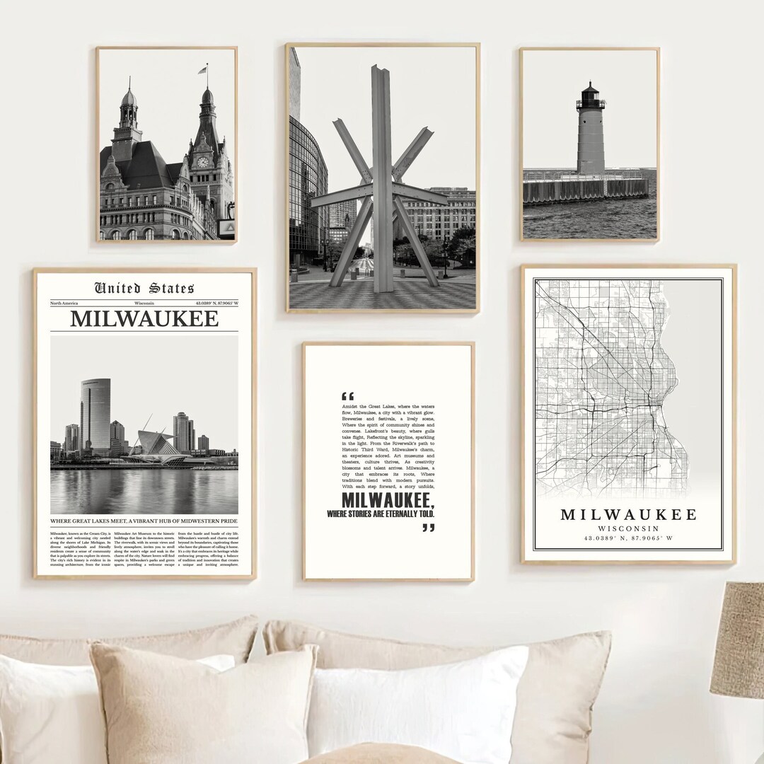 Digital Milwaukee Print Set of 6, Milwaukee Map Black and White City ...