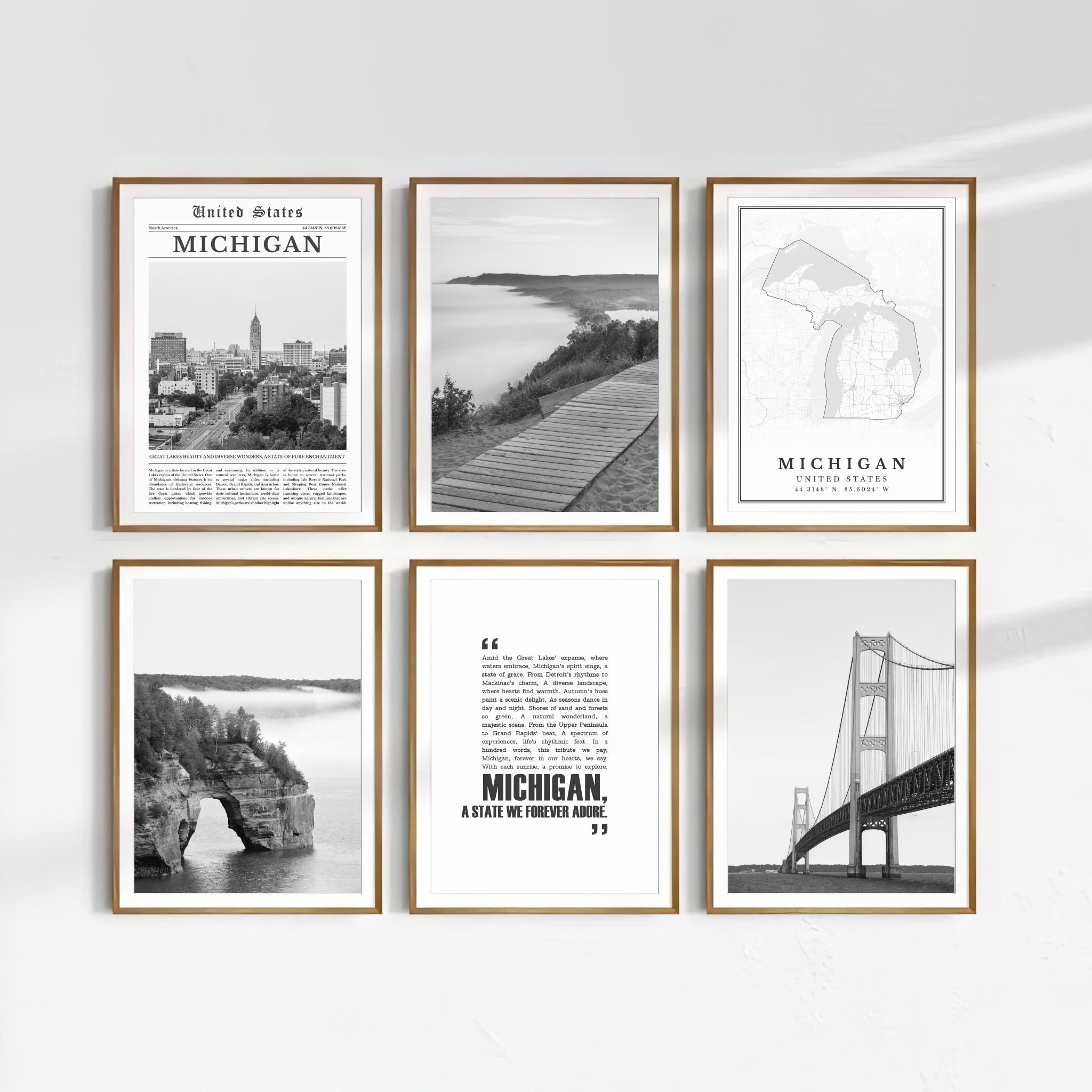 Digital Michigan Black and White Prints Set of 6, Michigan State Map ...
