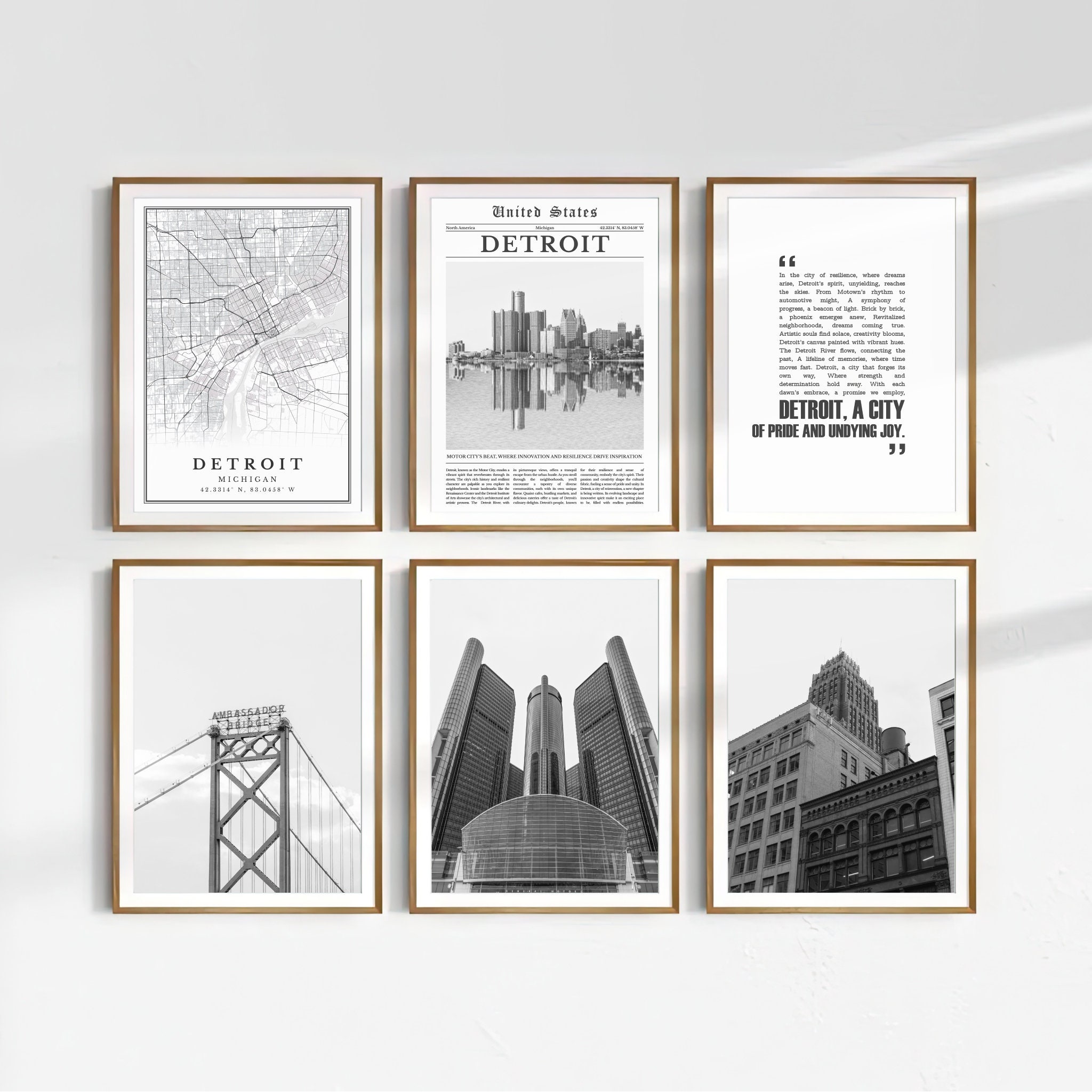 Digital Detroit Michigan Print Set of 6, Detroit Poster, Detroit Wall ...