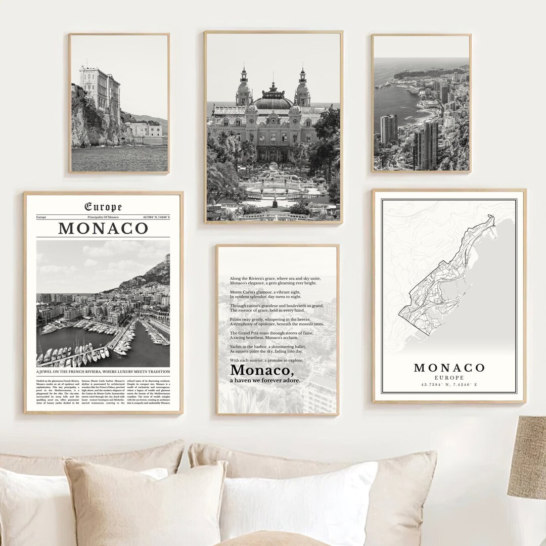 Digital Monaco Print Set of 6, Black and White Monaco Map Decor, Monaco ...