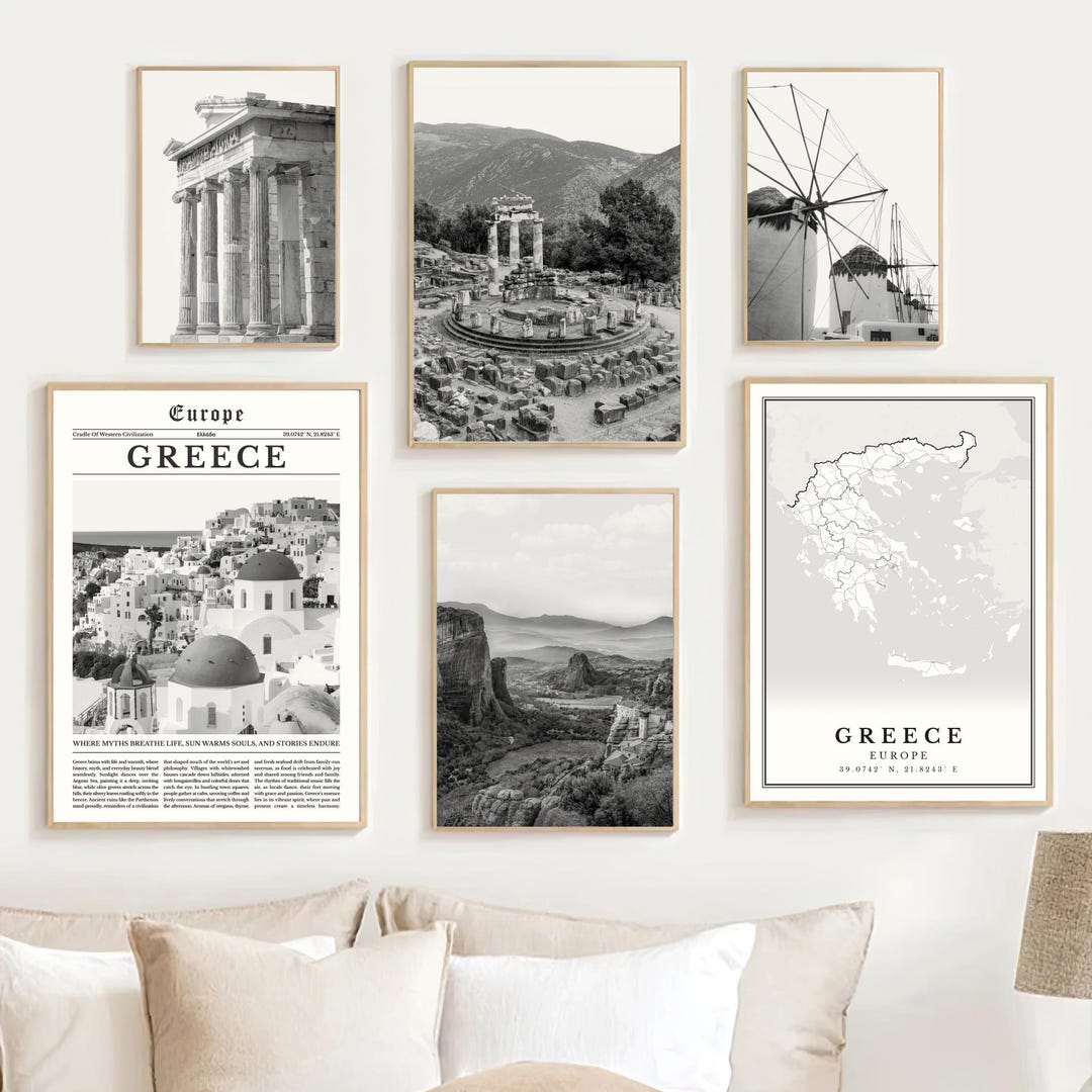 Greece Print Set Of 6, Black and White Greece Map Decor, Santorini Wall ...