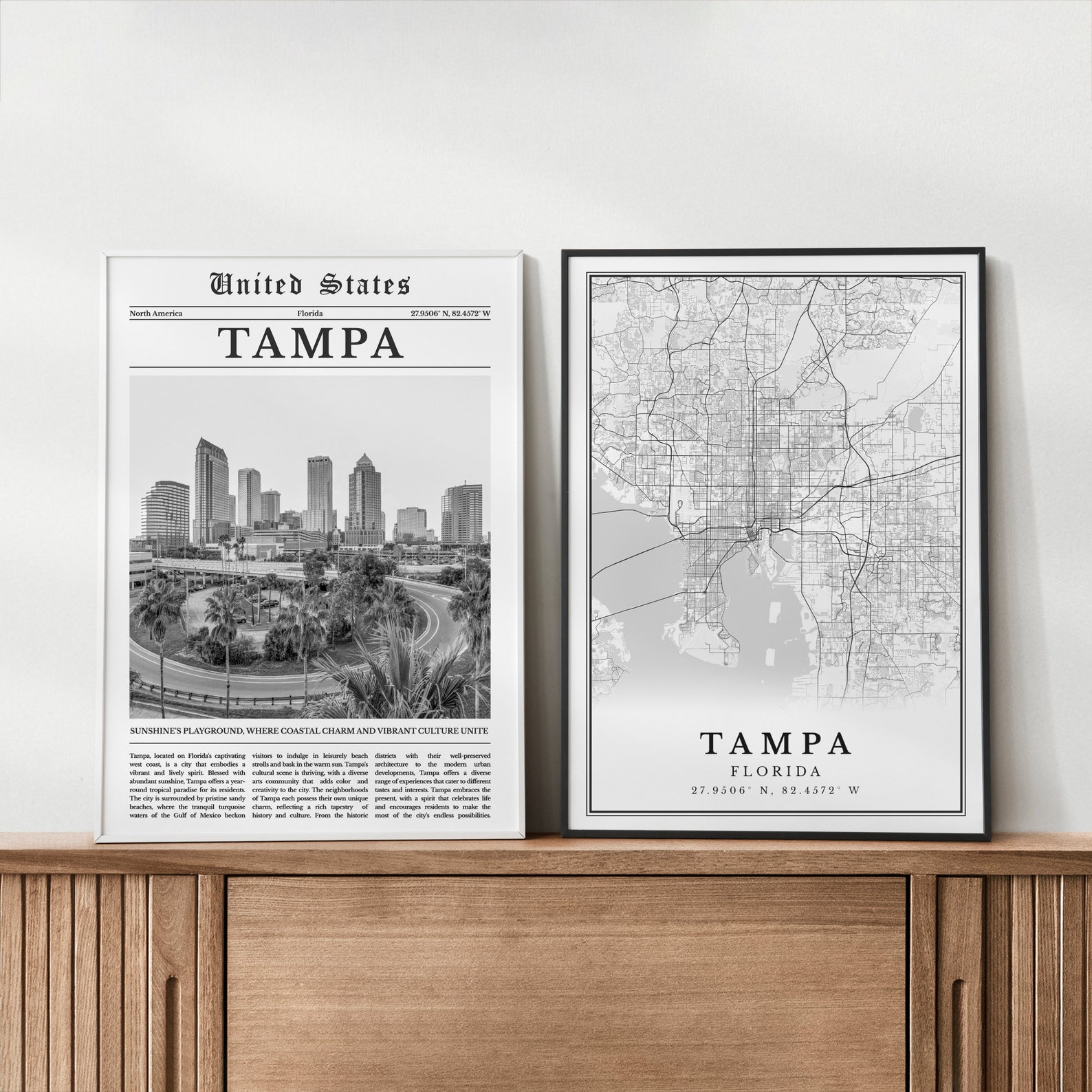 Tampa FL Prints Set of 6, Black and White Tampa Map Decor, Tampa ...