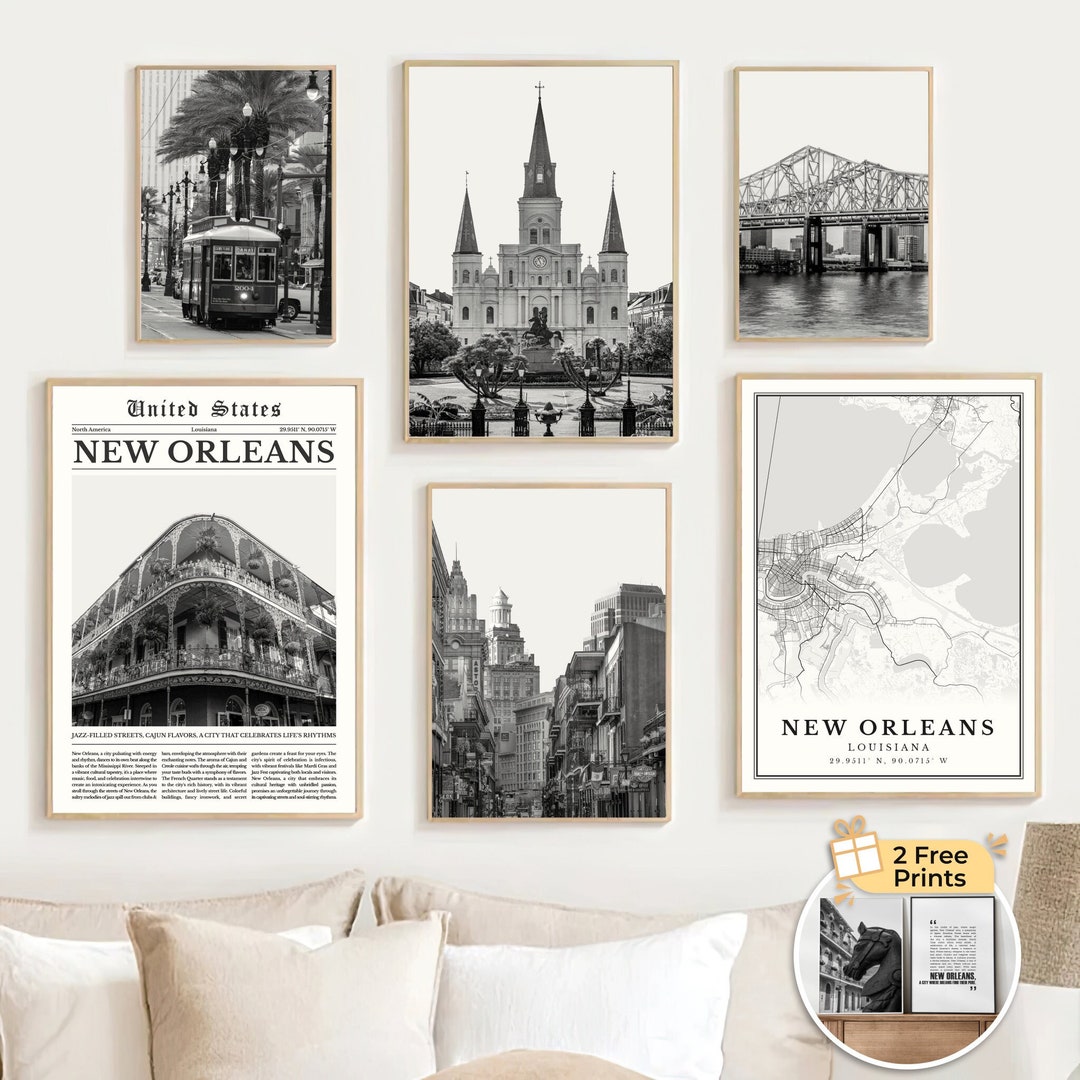 New Orleans Black & White Art Print Set: Louisiana Travel Poster ...