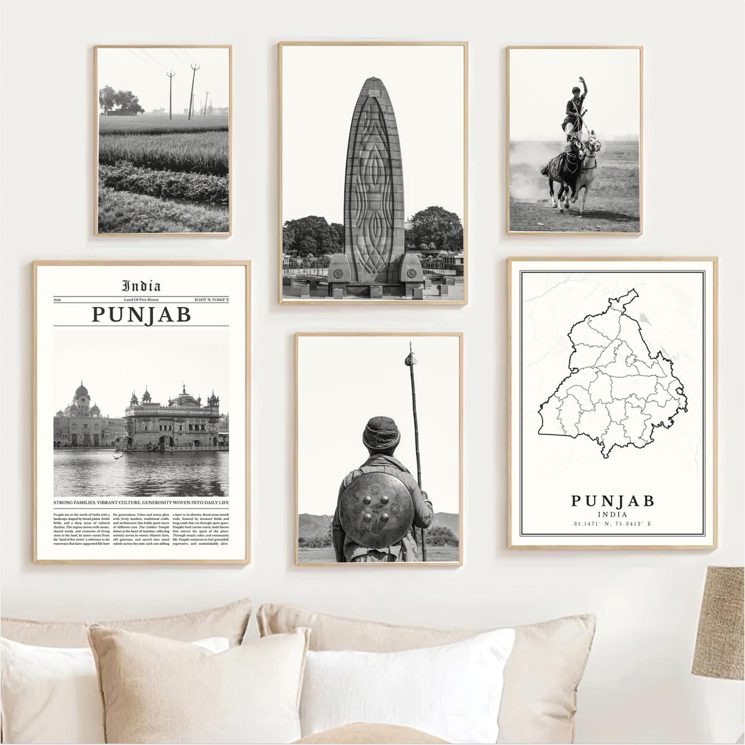 Punjab Print Set of 6, Black and White Punjab Map Decor, Punjabi Wall ...