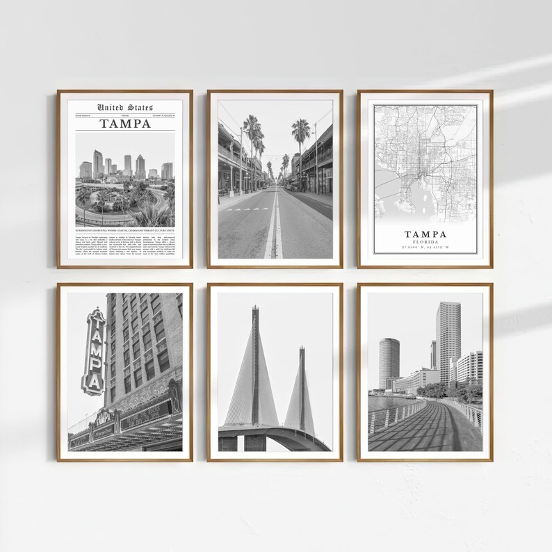 Tampa FL Prints Set of 6, Black and White Tampa Map Decor, Tampa ...