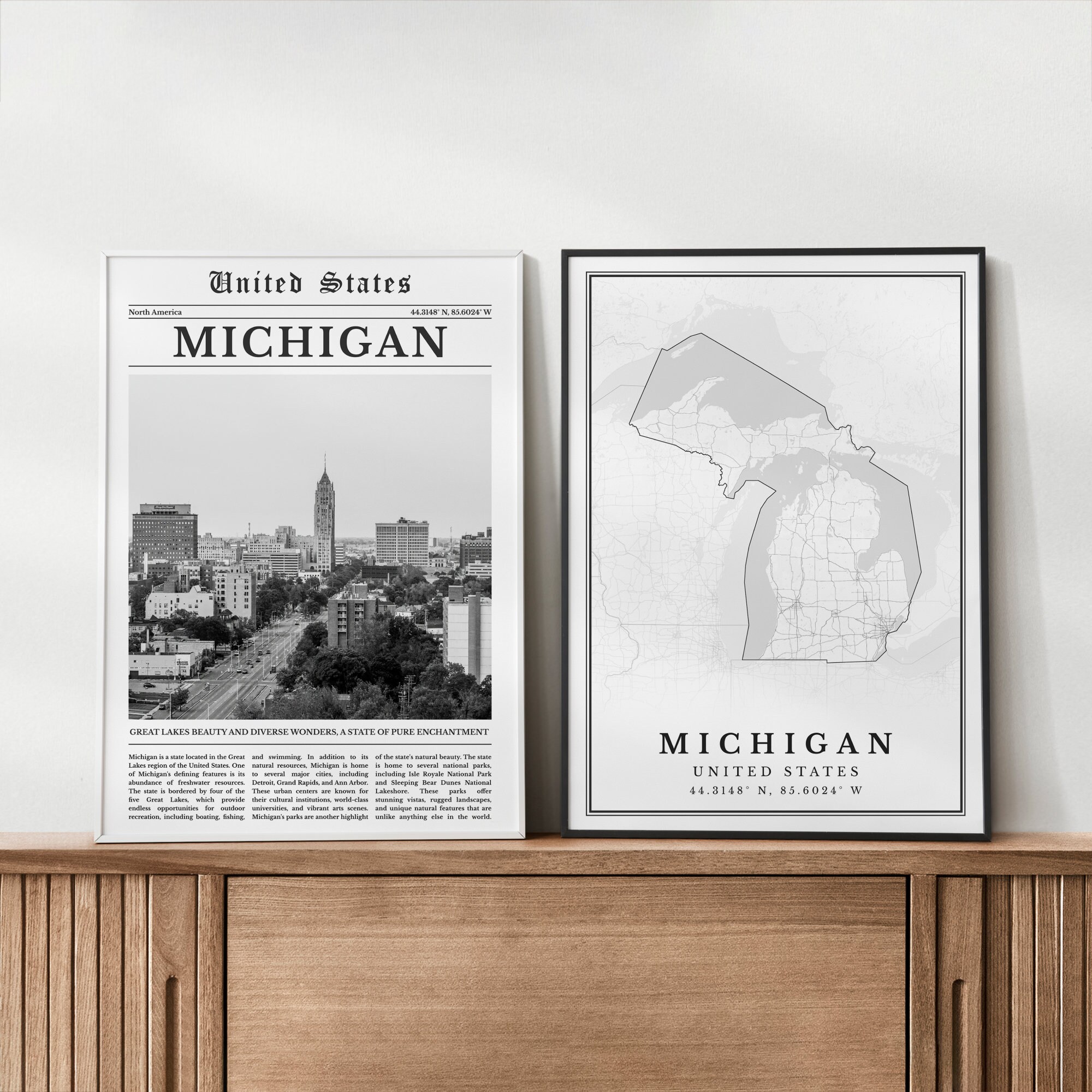 Michigan Black and White Prints Set: State Map, Travel Photos (digital ...