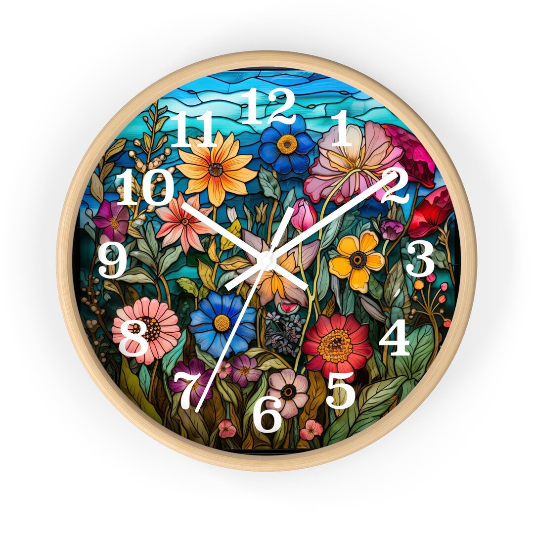 Colorful Clock, Pressed Flowers Style Clock, Stained Glass Window Style ...