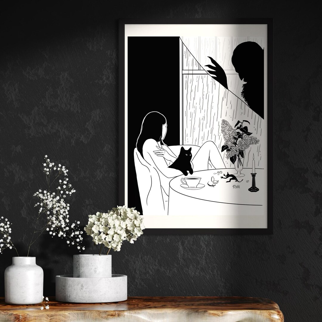 Gothic Girl Art Print: Nosferatu Vampire, Lilacs, Black Cat, Dark ...