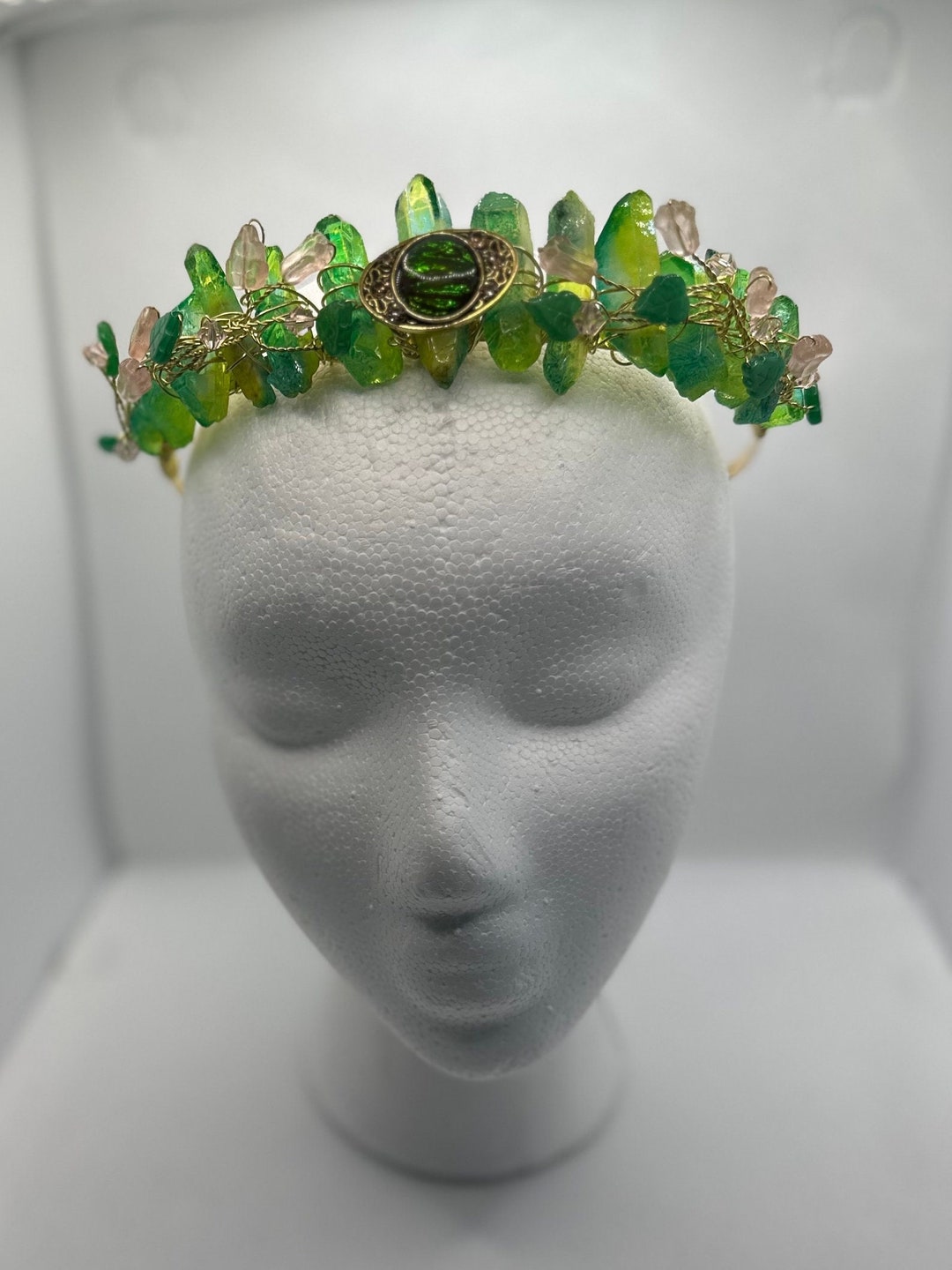 Earth Elemental Crystal Crown, Green and Yellow Crystals, Pink Rose ...