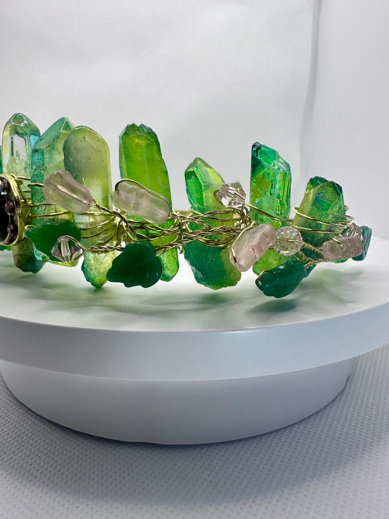 Earth Elemental Crystal Crown, Green and Yellow Crystals, Pink Rose ...