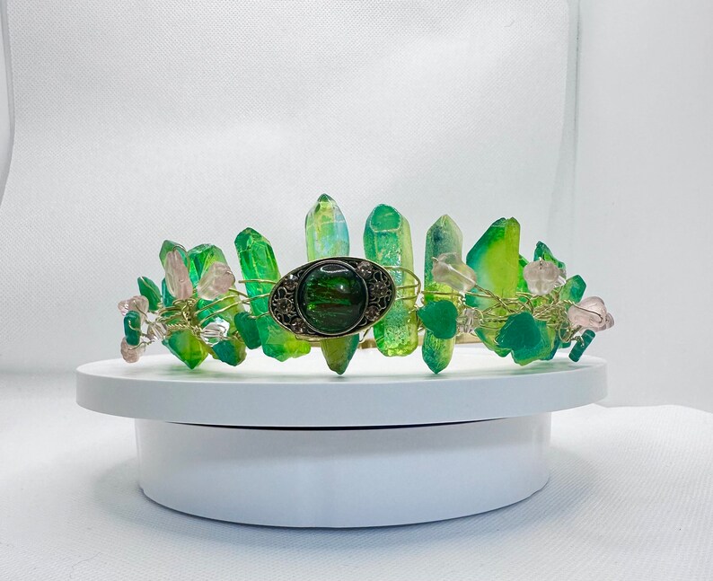 Earth Elemental Crystal Crown, Green and Yellow Crystals, Pink Rose ...