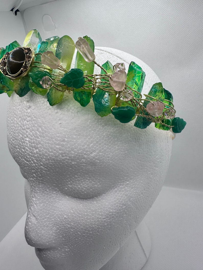Earth Elemental Crystal Crown, Green and Yellow Crystals, Pink Rose ...