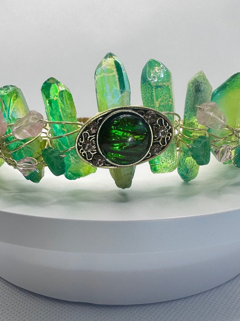 Earth Elemental Crystal Crown, Green and Yellow Crystals, Pink Rose ...