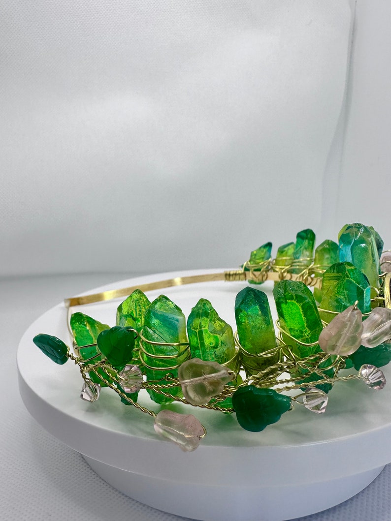 Earth Elemental Crystal Crown, Green and Yellow Crystals, Pink Rose ...