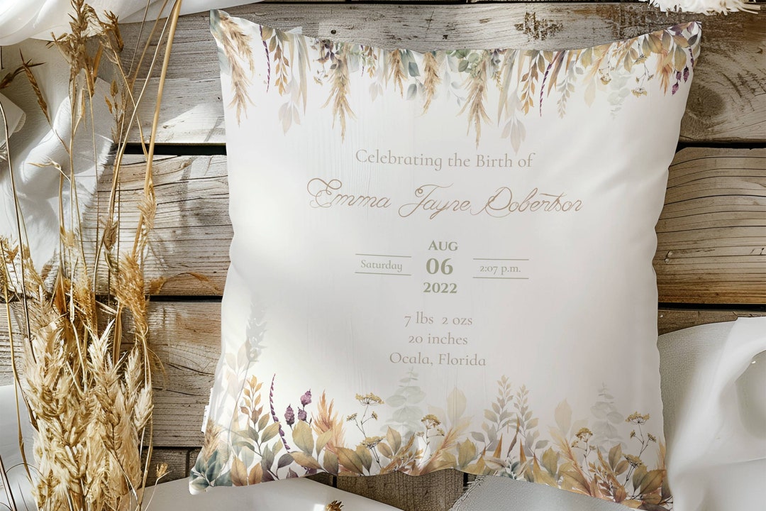 Natural Theme Baby Birth Statistic Pillow, Baby Memorabilia Boho ...