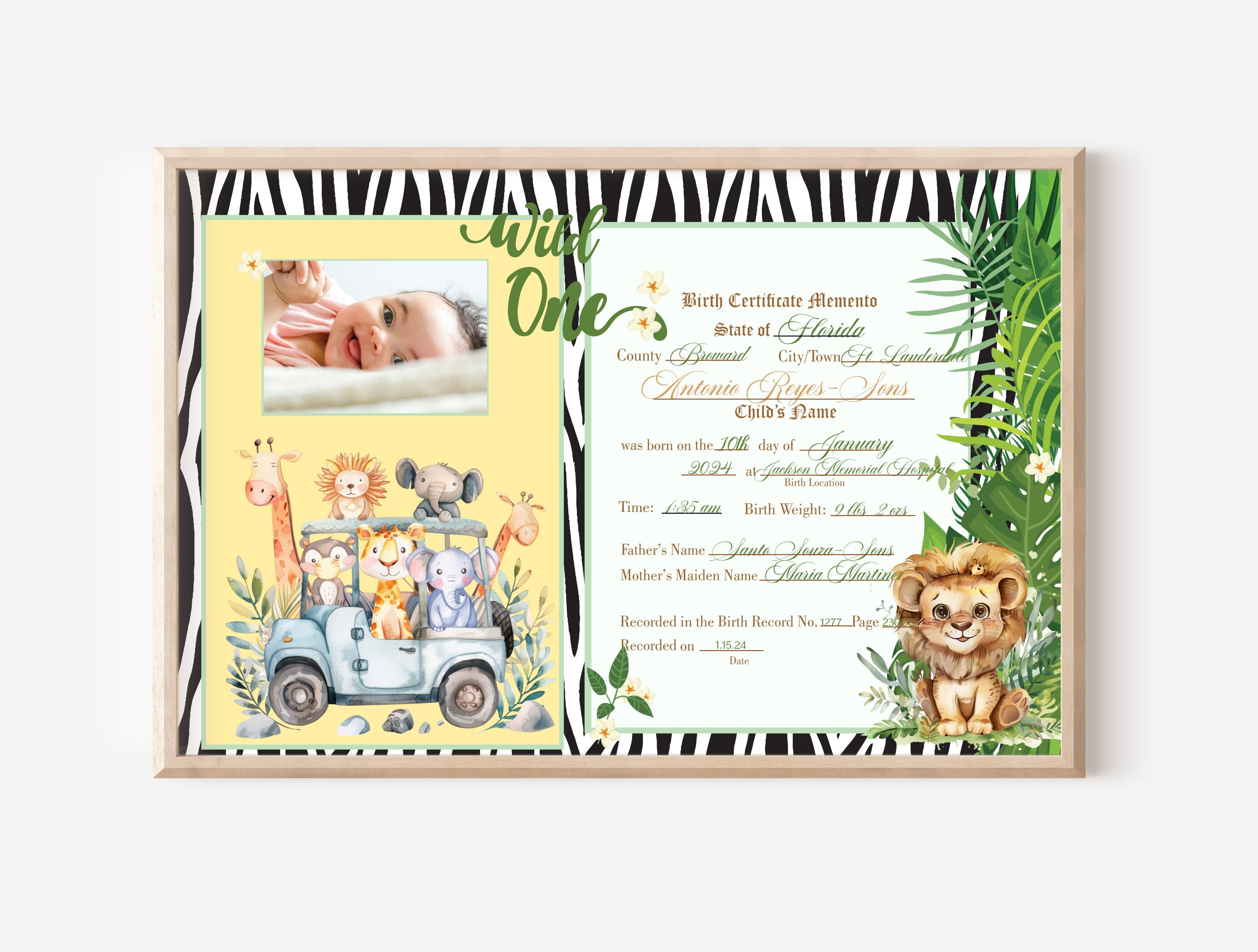 Printable Birth Certificate. Photo Prop. Baby Jungle Animals. Nursery ...