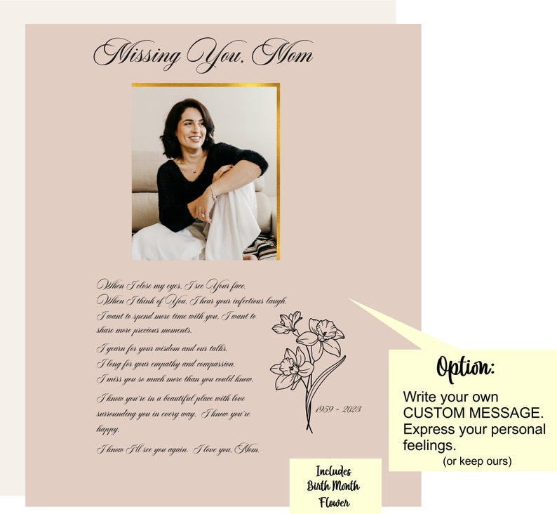 In MEMORIAM. Photo and Birth Flower Art Memento for Mother. Personal ...