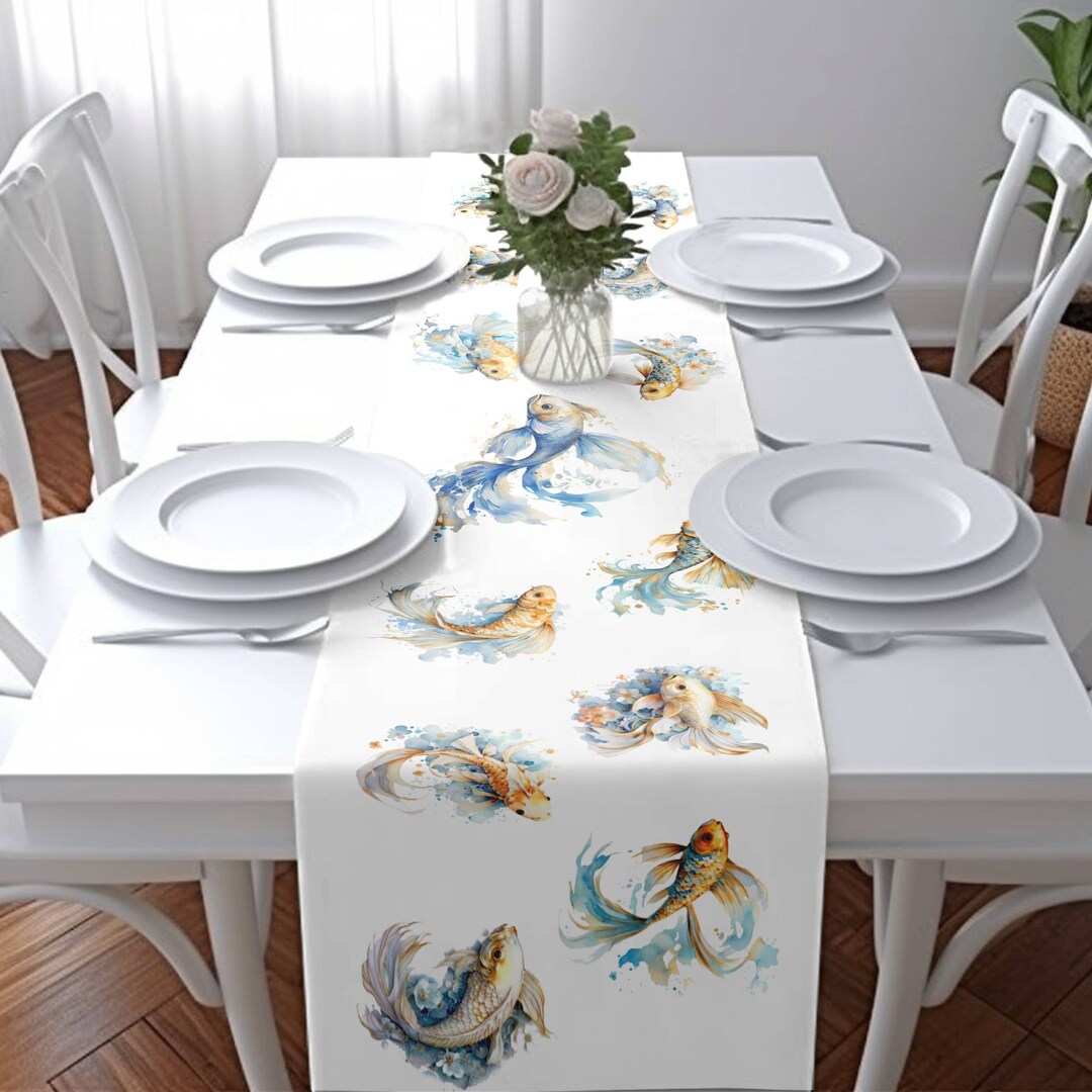 Nature Inspired Blue Koi Table Runner Has Japanese Theme Dinner Party ...