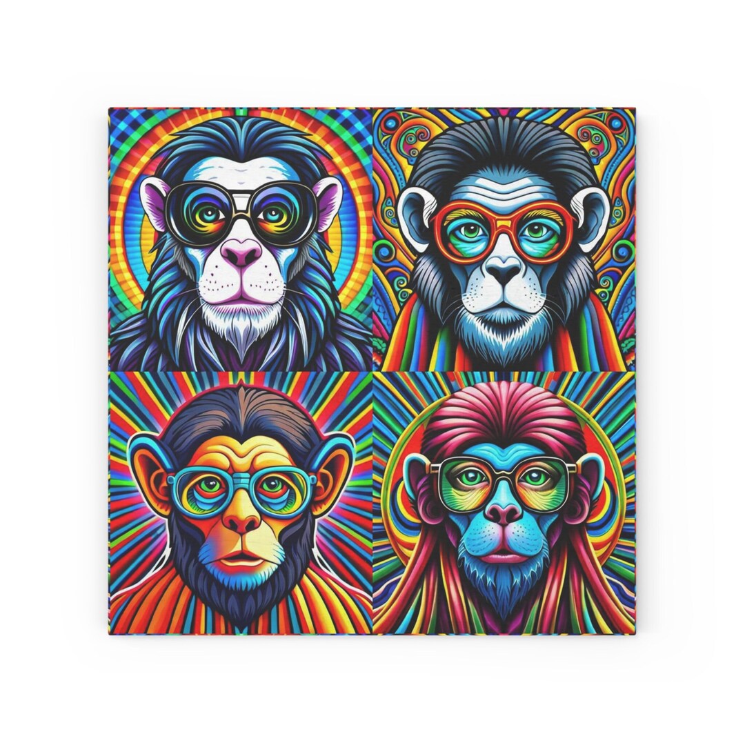 4 Trippy Monkeys on a Wood Canvas - Etsy