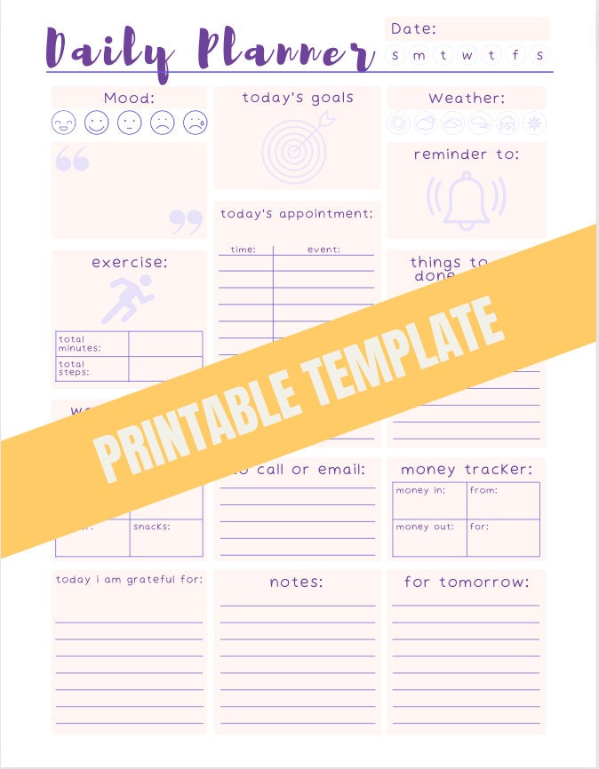 PRINTABLE | Simple Daily Planner Template | Pink and Purple ...