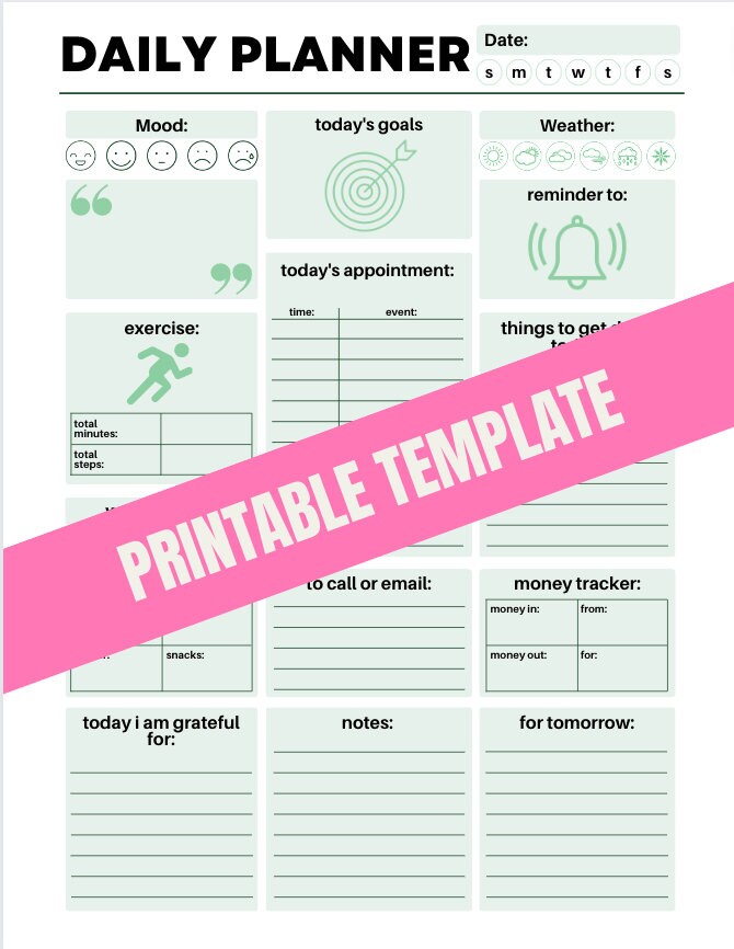 PRINTABLE | Simple Daily Planner Template | Green Minimalistic ...