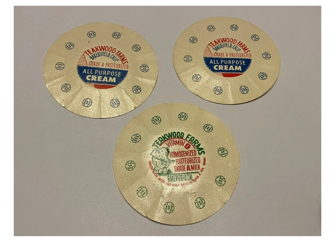 3 Teakwood Dairy Farm Milk Bottle Caps Fold Over Milk Cap Bakersfield ...