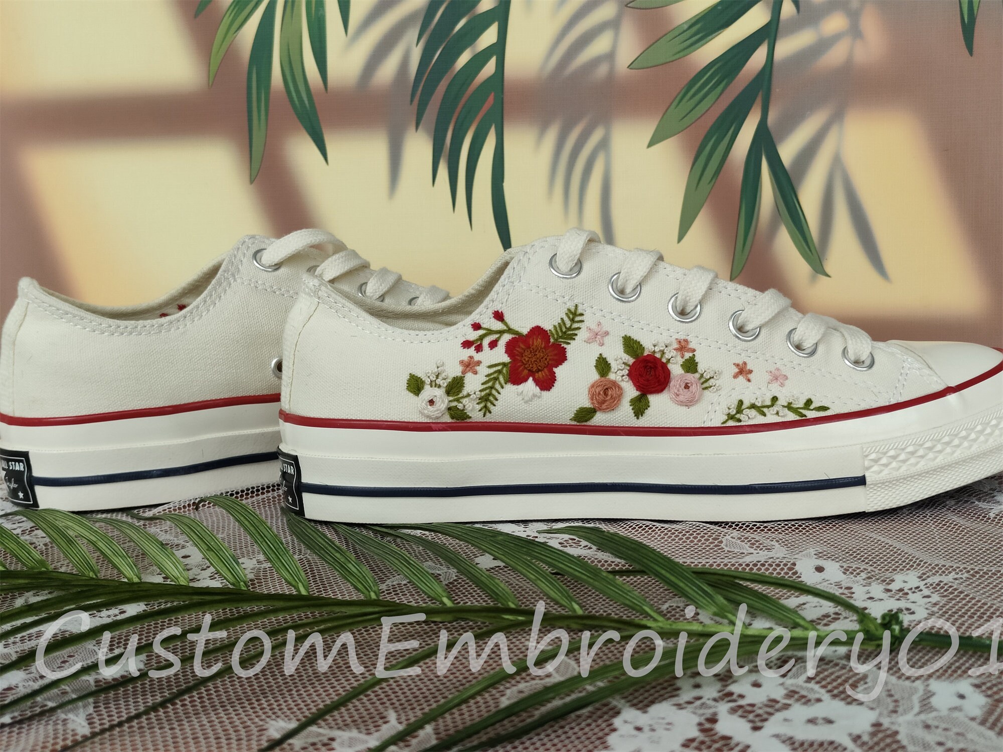 Customized Low-top Converse Embroidered Rose + Flower Shoes Converse ...