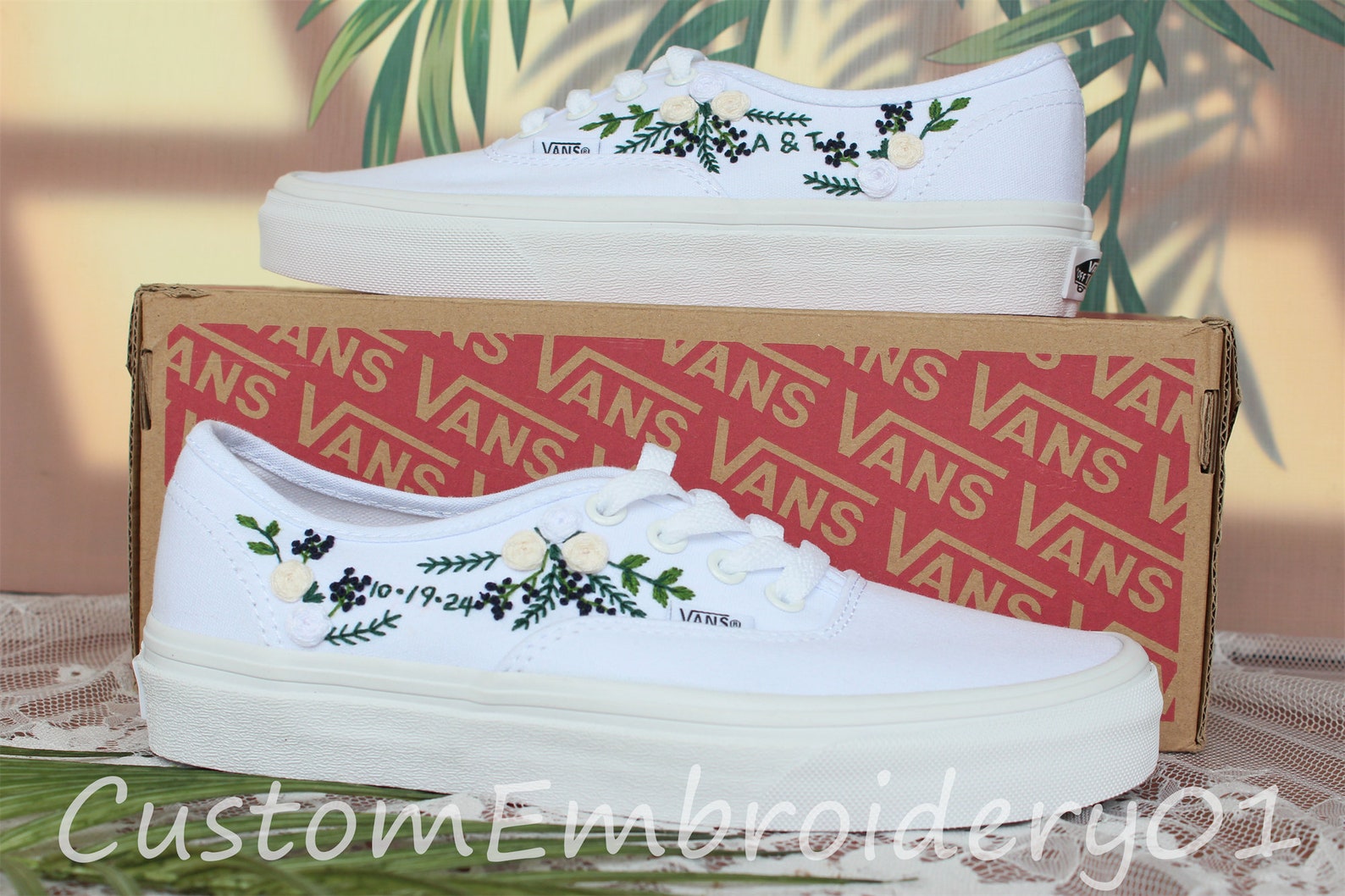 Custom Vans Embroidered Shoes Vans Bridal Sneakers Embroidered Wedding ...