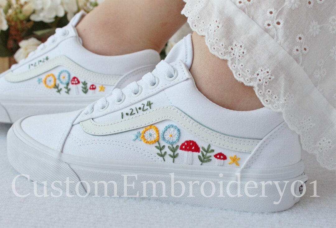 Custom Vans Embroidered Shoes Vans Mushroom& Flowers Bridal Sneakers ...