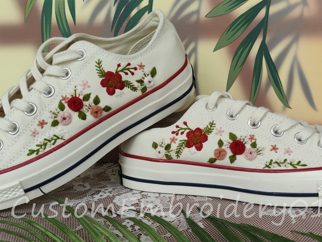Customized Low-top Converse Embroidered Rose + Flower Shoes Converse ...