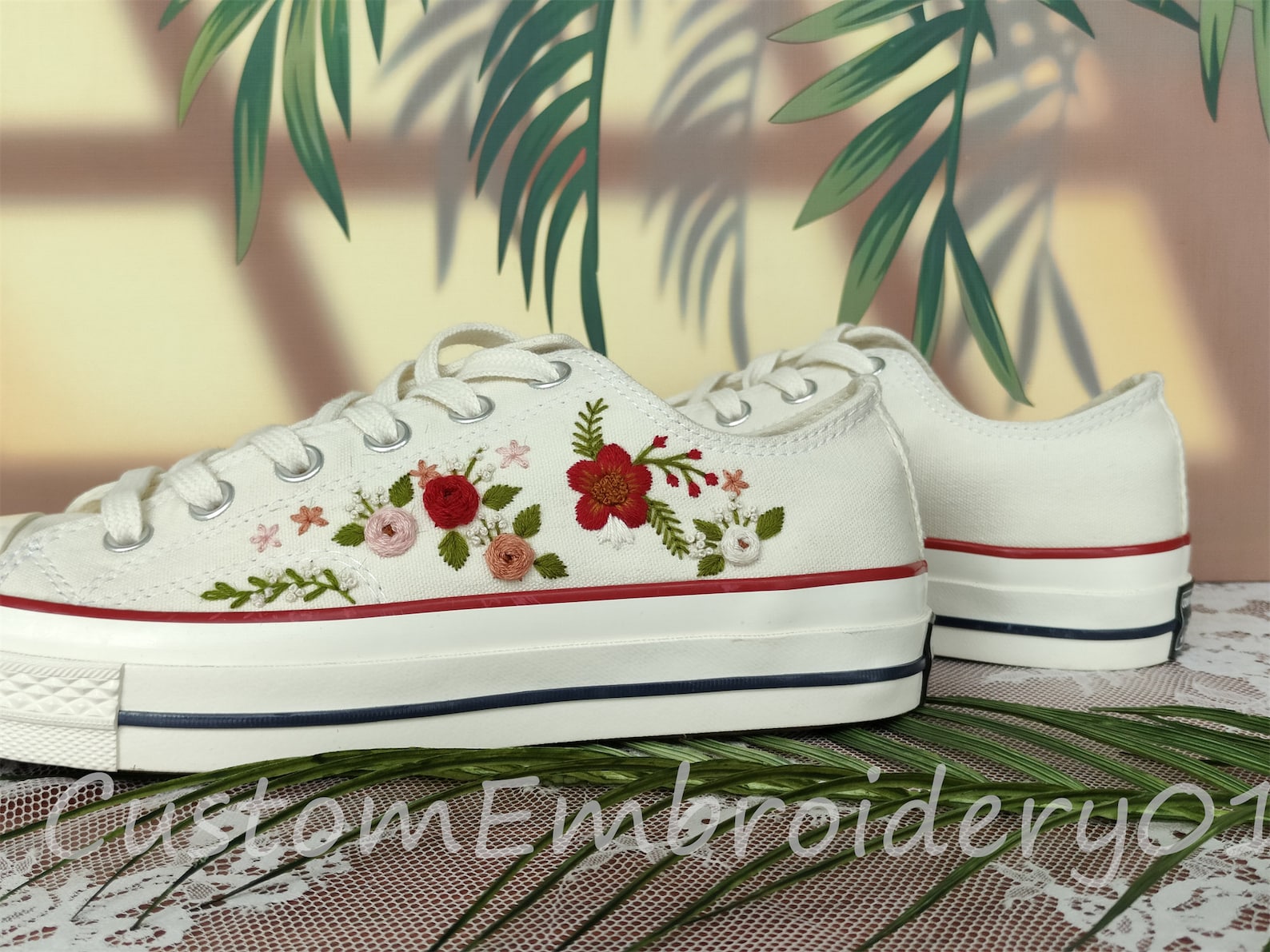 Customized Low-top Converse Embroidered Rose + Flower Shoes Converse ...