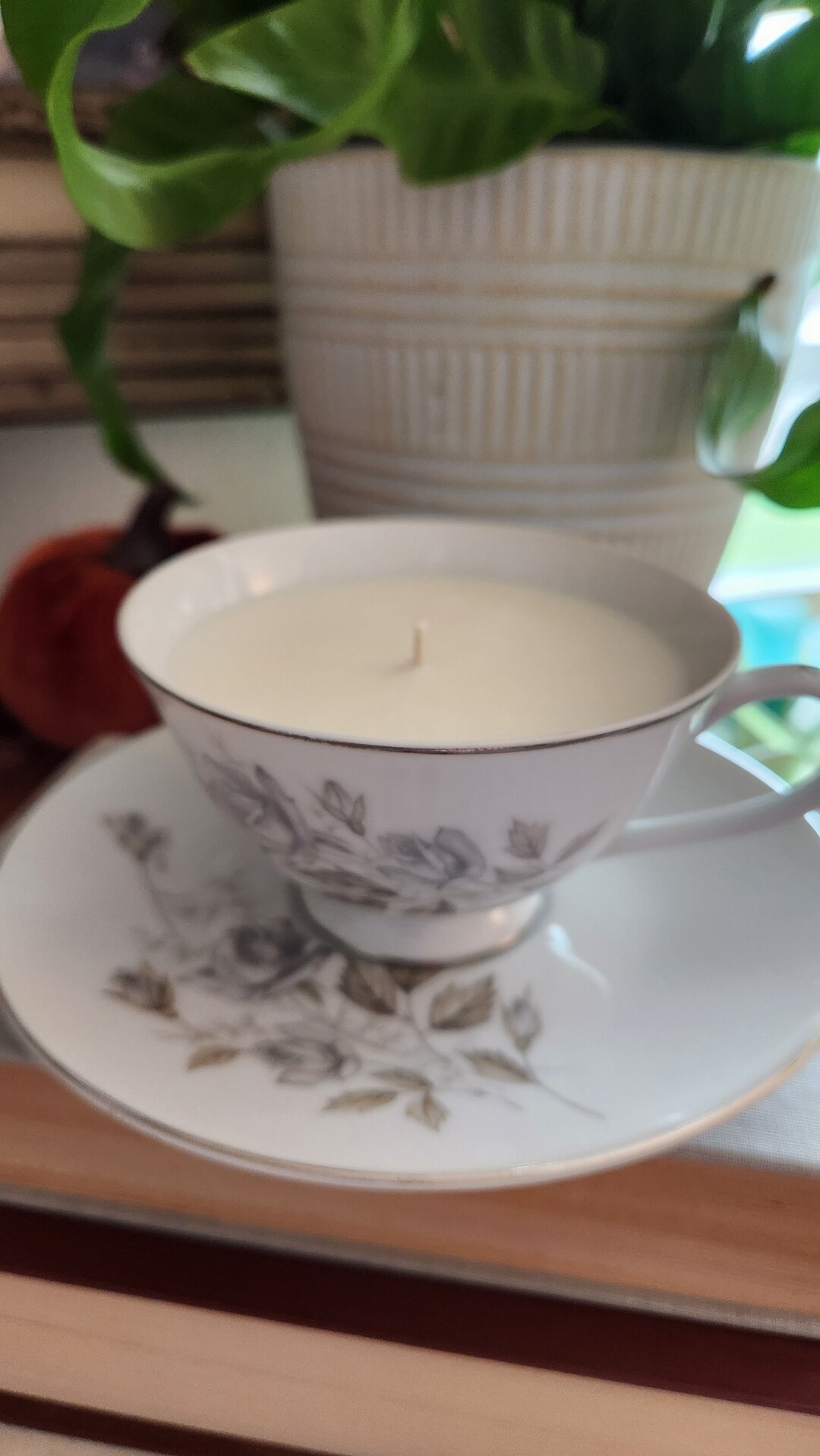 Handcrafted maria's Island Candle in a Vintage Grey Tea Cup and Saucer ...