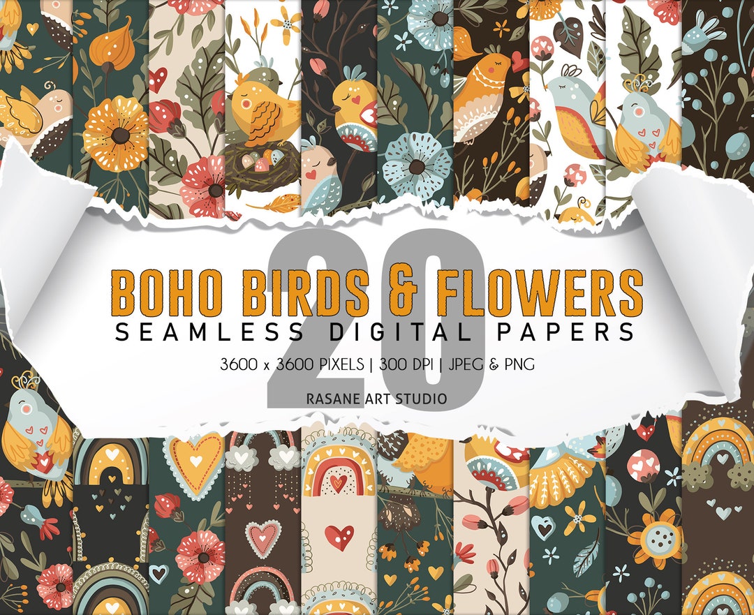 Birds and Flowers Seamless Digital Paper, Digital Paper Patterns ...