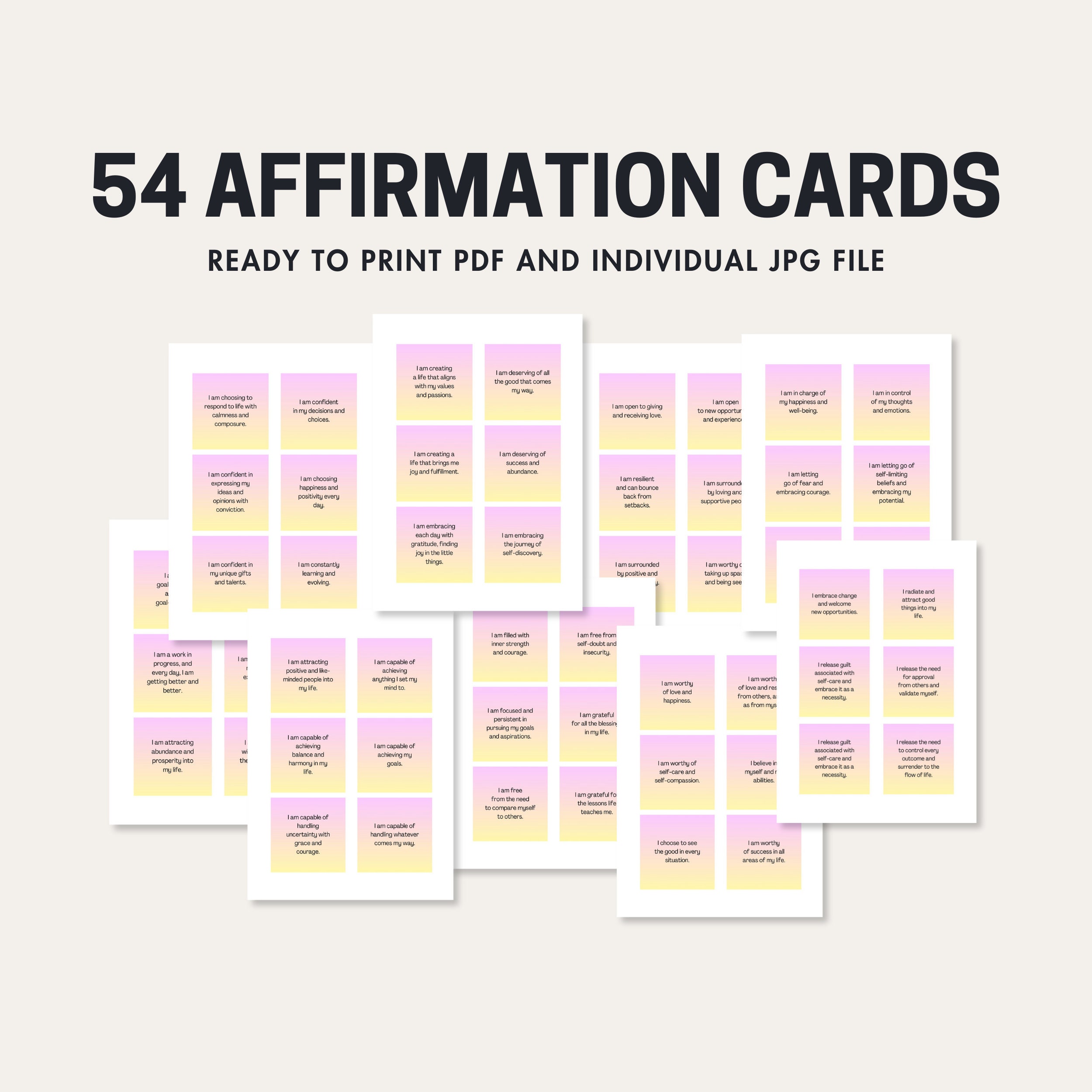 54 Printable Positive Affirmation Cards Deck Motivation for Women, Pink ...