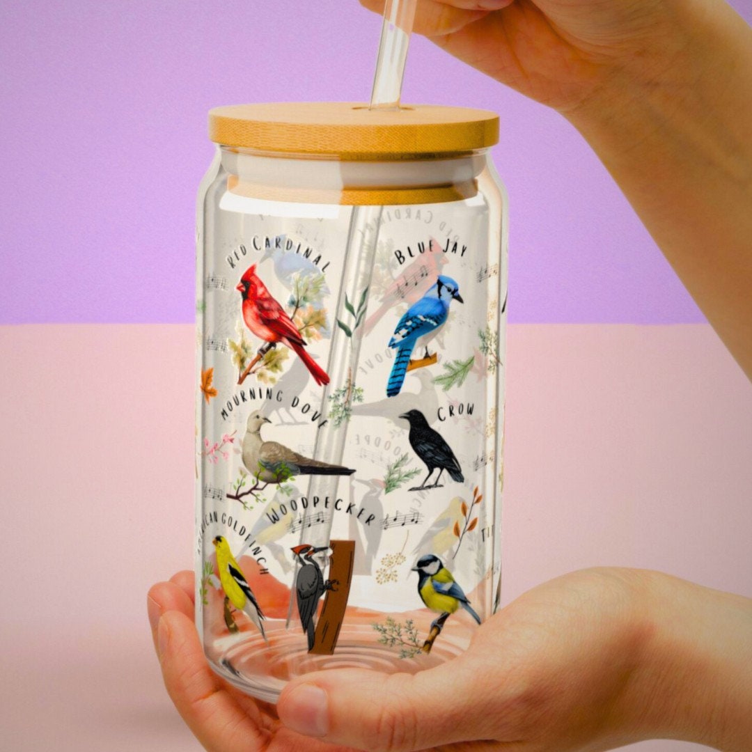 Bird Iced Coffee Cup Glass Cup With Straw Gift for Her Cardinal Bird ...