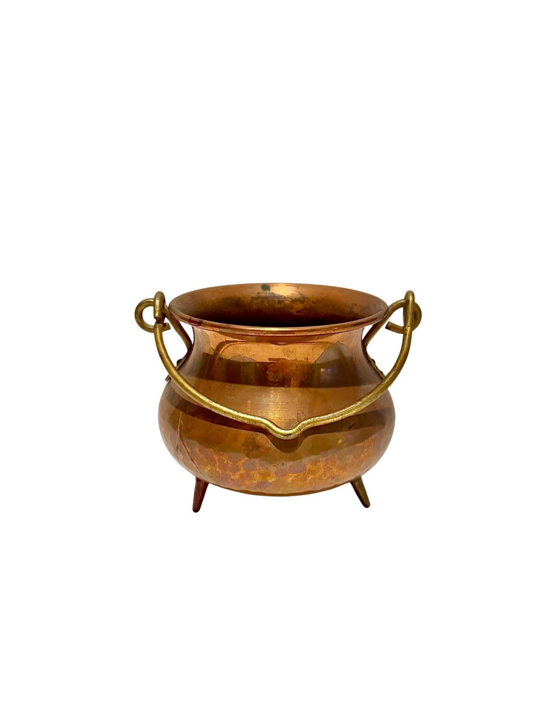 Small Vintage Hammered Copper Vessel With Gold Handle, Copper Cauldron ...