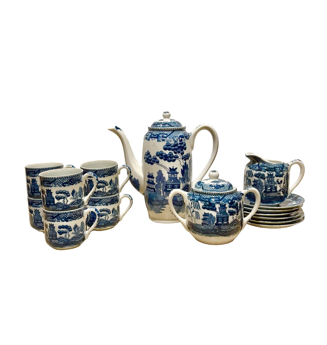 Vintage English Blue Willow Tea Set, Porcelain Tea Service for 6 ...