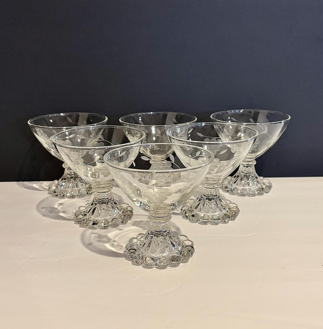 Vintage Anchor Hocking Grape Motif Etched Boopie Footed Glasses (set of 6), Bubble Footed ...